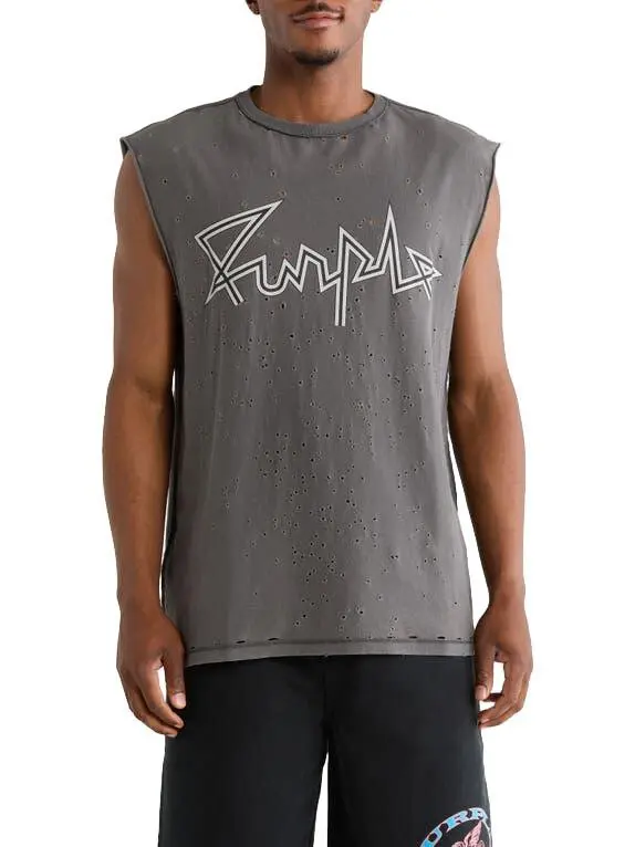 PURPLE BRAND Textured Sleeveless Cotton Graphic T-shirt - Grey