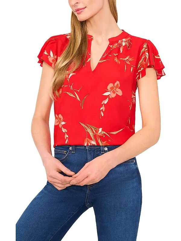 CECE DUPRAZ Split Neck Flutter Sleeve Floral Top - Fiery Red