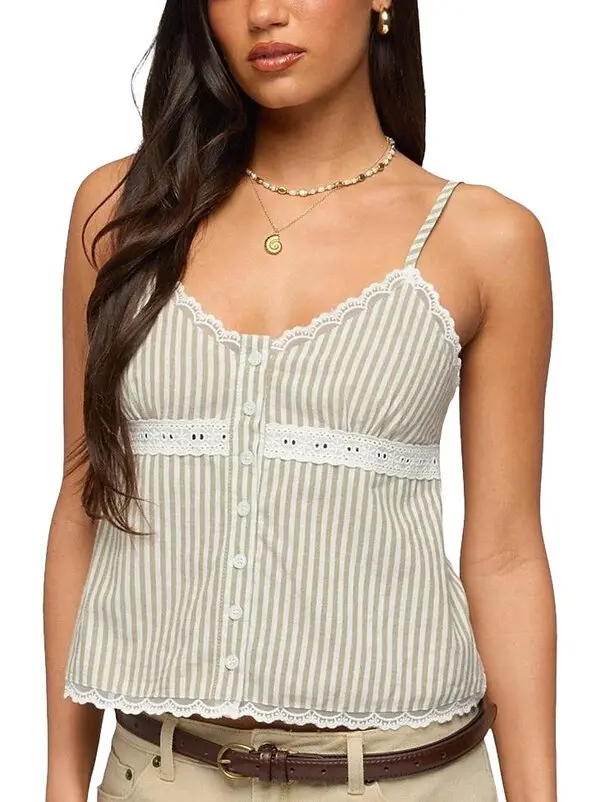 EDIKTED Elodie Striped Lace Trimmed Tank Top - Sage