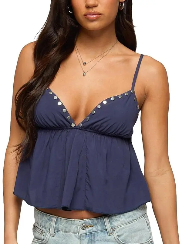 EDIKTED Alina Studded Babydoll Tank Top - Navy