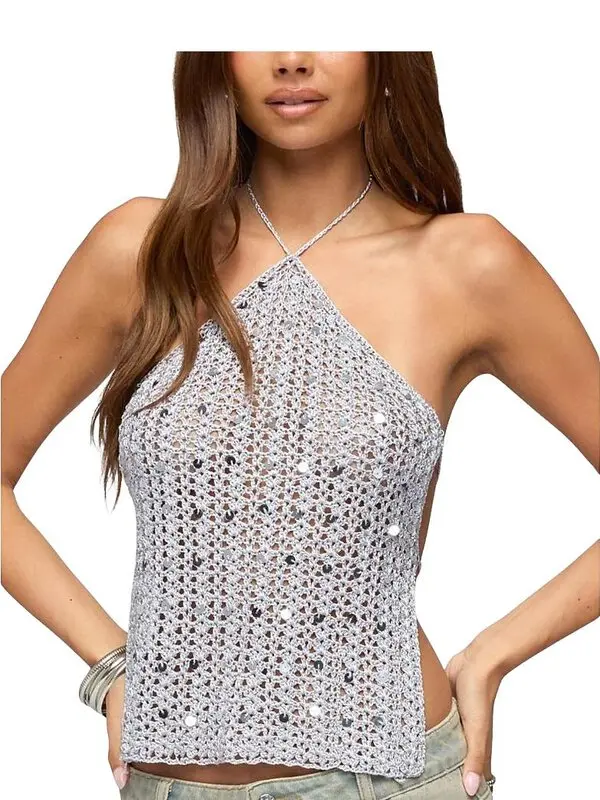 EDIKTED Thaly Backless Sequin Crochet Halter Top - Silver