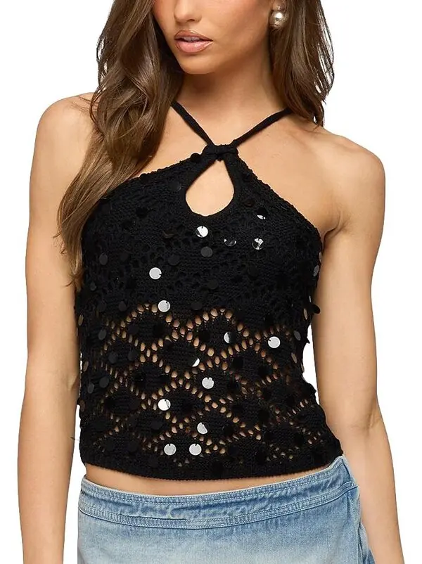 EDIKTED Mae Open Back Sequin Crochet Top - Black
