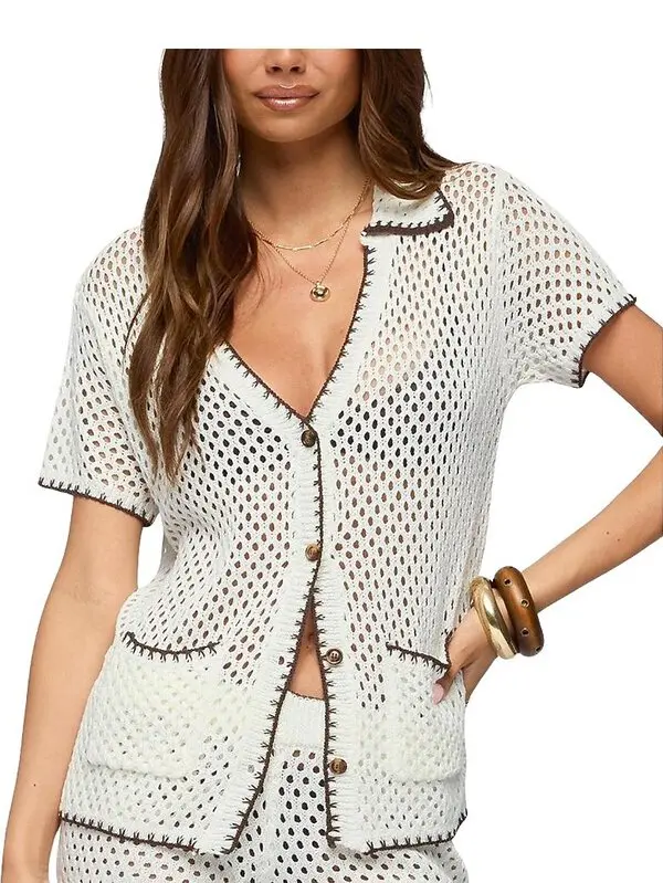 EDIKTED Rocca Contrast Button Up Crochet Top - Cream