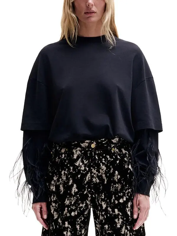 DARKPARK Double Sleeve Feather Trim Top - Black
