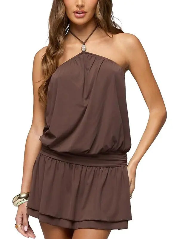 EDIKTED Mikaela Drop Waist Mini Dress - Brown