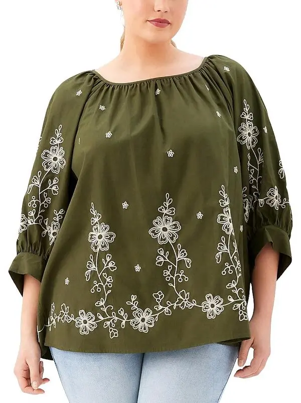 Karen Kane Embroidered Blouson Sleeve Top - Olive