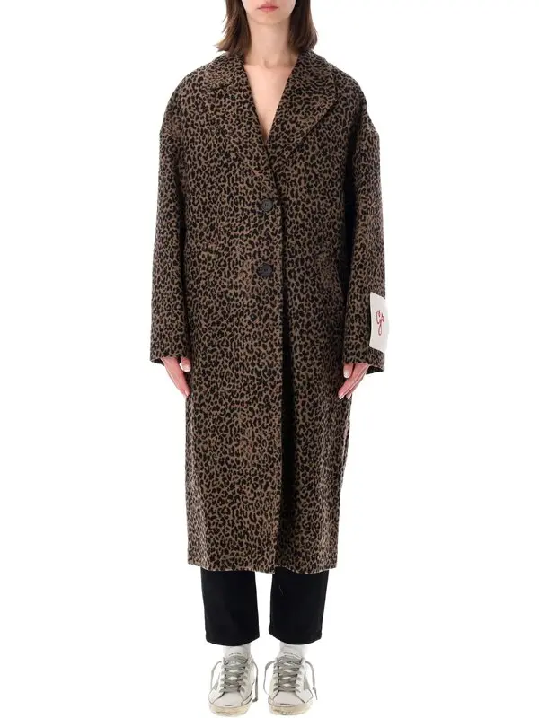 GOLDEN GOOSE Leopard Print Wool Cocoon Coat - Marrone