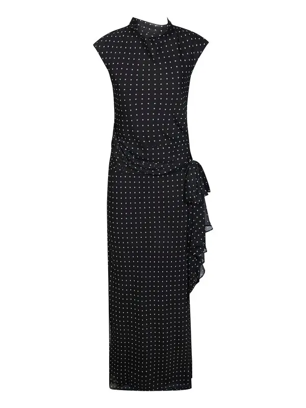 ROTATE BY BIRGER CHRISTENSEN Maxi Dress With Waist Ribbon And Polka Dot Print - Nero