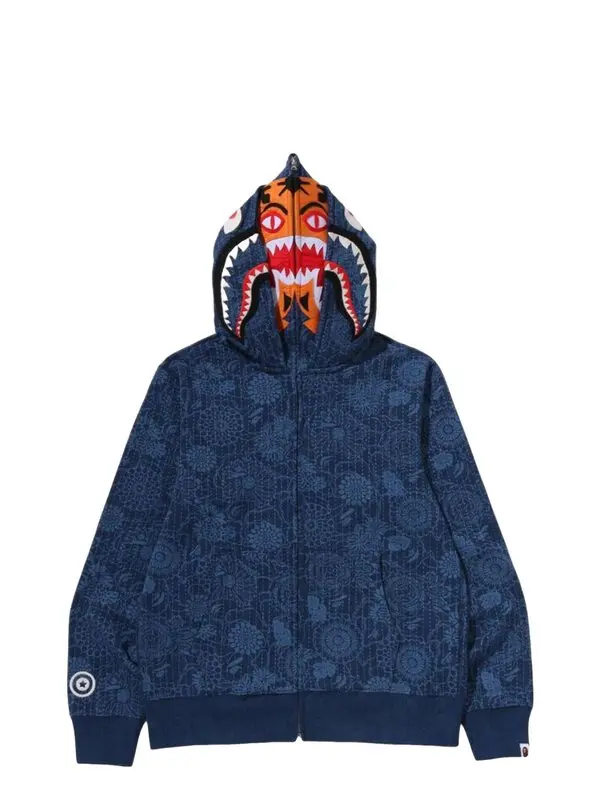 A BATHING APE Japanese Art Camo Double Tiger Shark Full Zip Hoodie - Indigo
