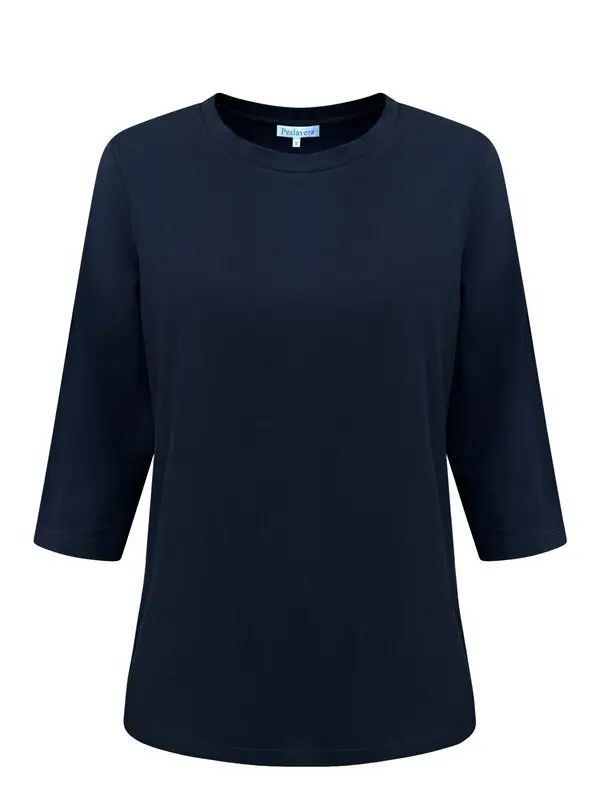 PERLAVERA Solid Cotton Spandex Three-quarter Sleeve Crew Neck T-shirt - Black