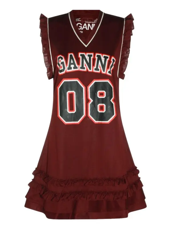 GANNI V-neck Ruffled Dress With Graphic Detail - Brown