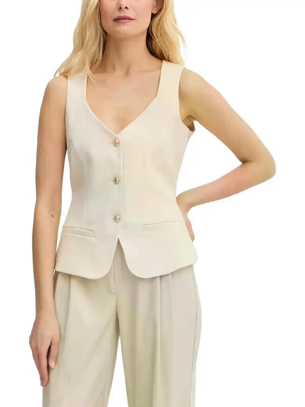 Guess Sleeveless V-neck Button-up Top With Welt Pockets - Neutrals