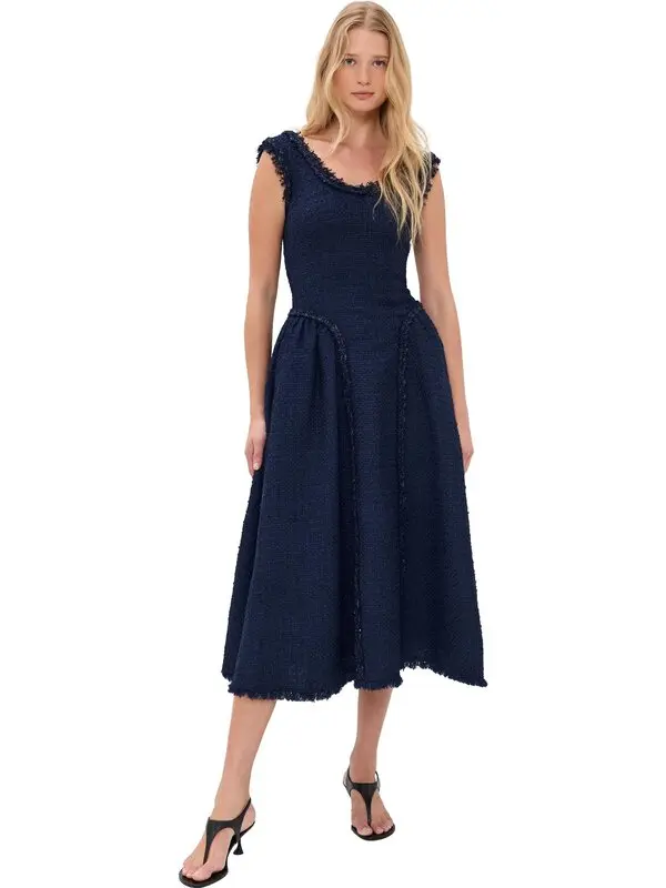 SELF-PORTRAIT Boucle Midi Dress With Sequin Details - Navy