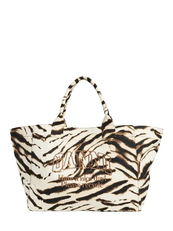 GANNI Zebra Print Canvas Shopper Tote - Egret