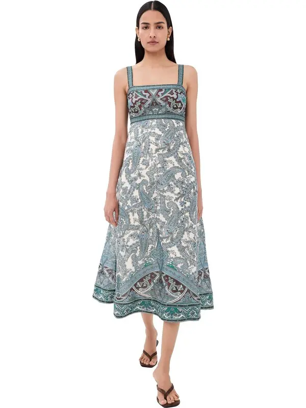 Veronica Beard Paisley Print Square Neck Linen Silk Dress - Ecru Multi