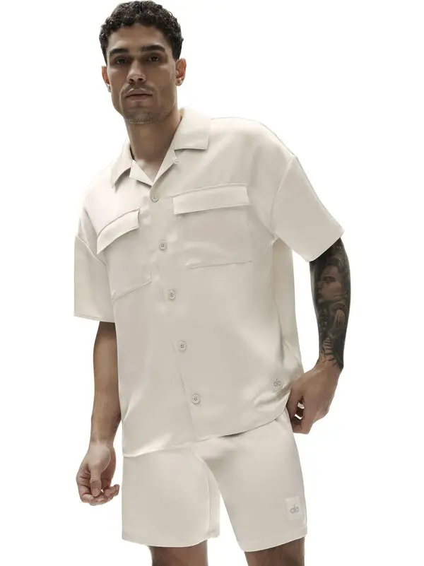 Alo Yoga Satin Horizon Short Sleeve Button Up Shirt - Bone