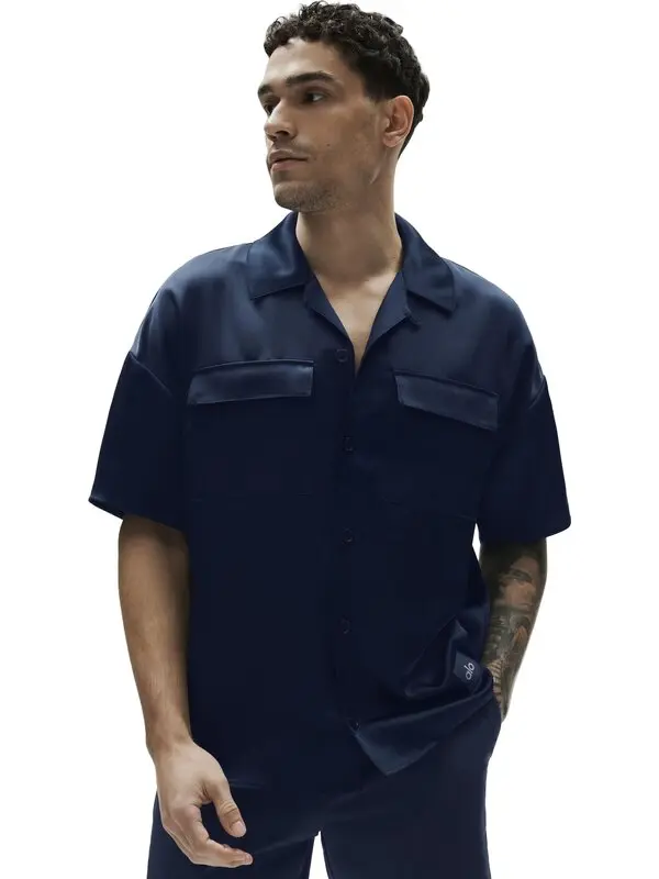Alo Yoga Satin Horizon Short Sleeve Button Up Shirt - Navy
