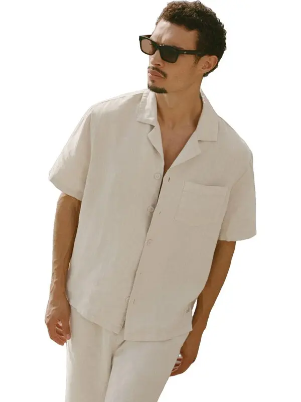 Alo Yoga Linen Days Short Sleeve Button Up Top - Bone