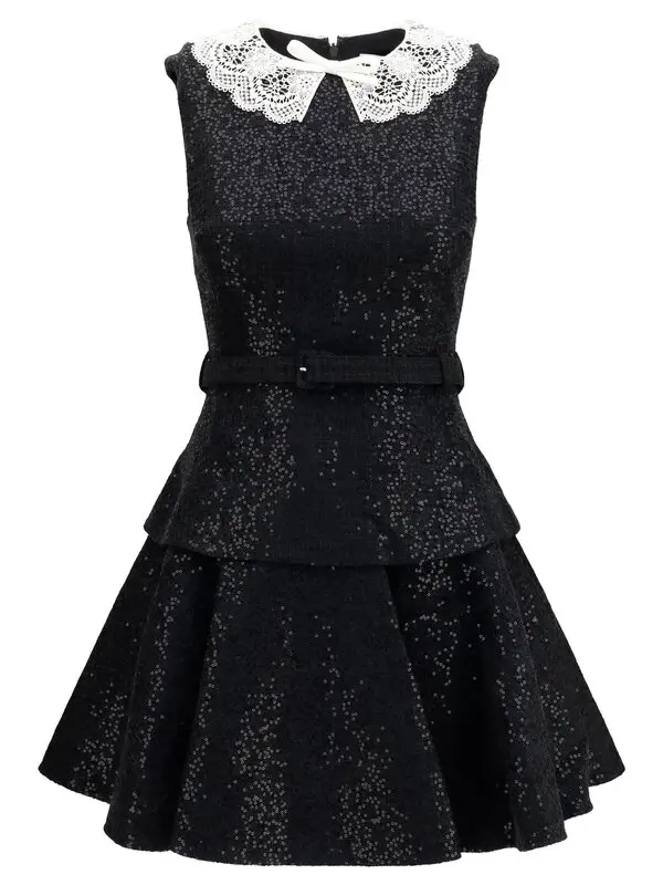 SELF-PORTRAIT Sequin Bouclé Mini Dress With Lace Collar - Black
