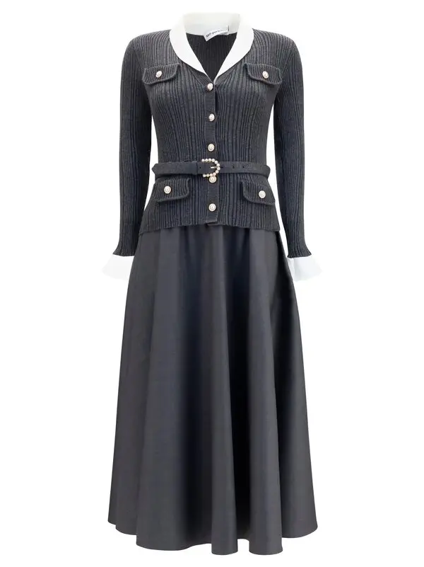SELF-PORTRAIT Knit And Twill Midi Dress With Pearl Embellished Belt - Gray