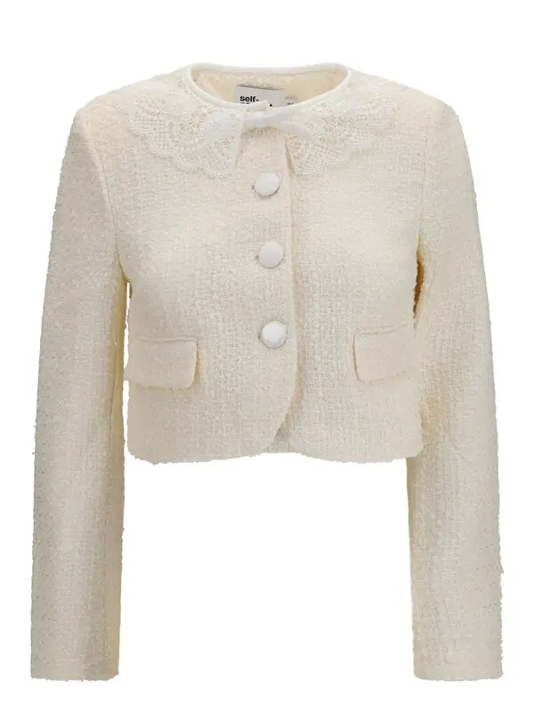SELF-PORTRAIT Bouclé Jacket With Lace Collar And Bow Detail - Multicolor