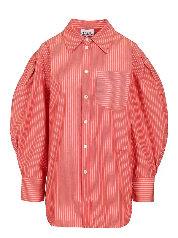 GANNI Oxford Shirt With Pocket And Stripes - Red