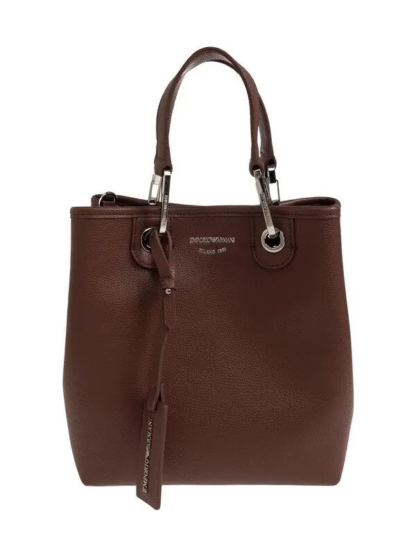 Emporio Armani Leather Shopper Bag With Logo Detail - Brown