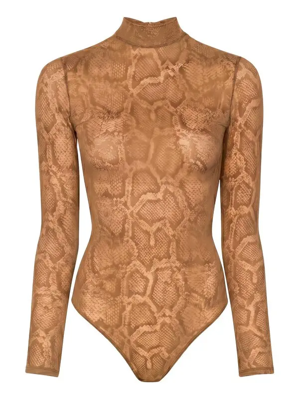 Lapointe Snake Lace Mock Neck Bodysuit - Brown