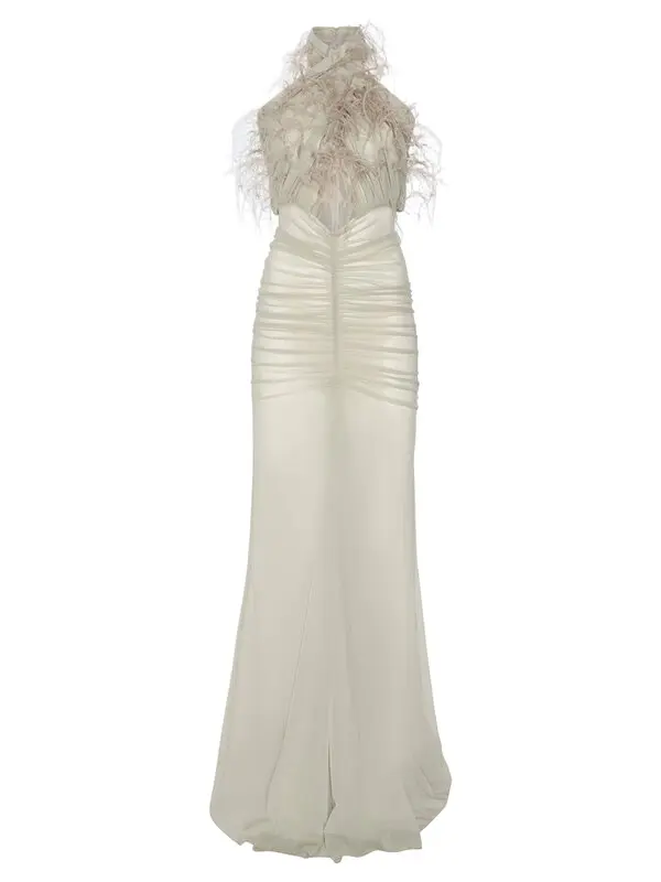 Lapointe Mesh Sleeveless Halter Gown With Feather Trim - Silver
