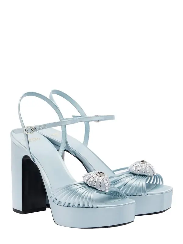 Valentino Garavani Embellished Satin Platform Sandals - Blue
