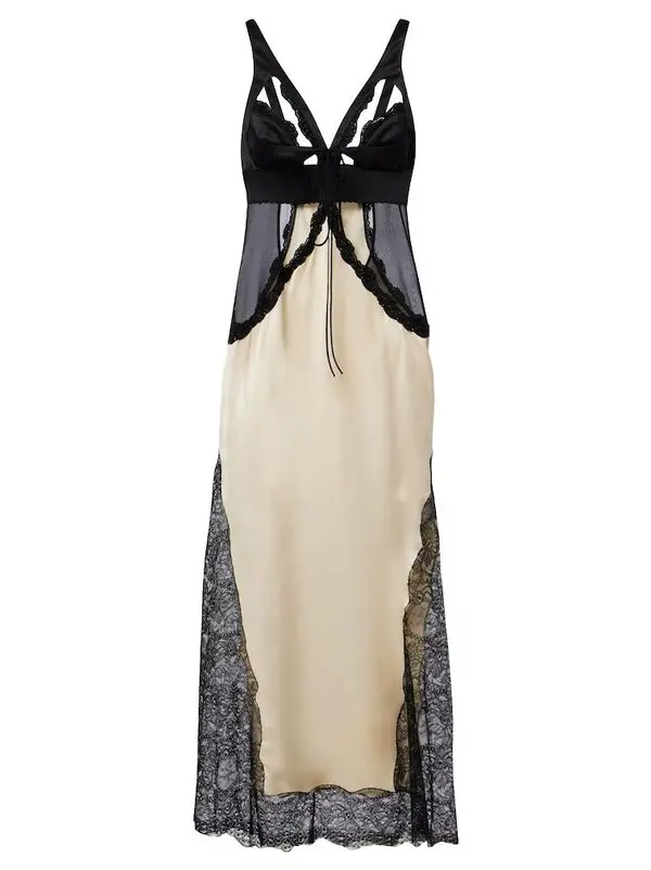 Attico Cutout Lace-trimmed Satin Midi Dress In /ivory - Black