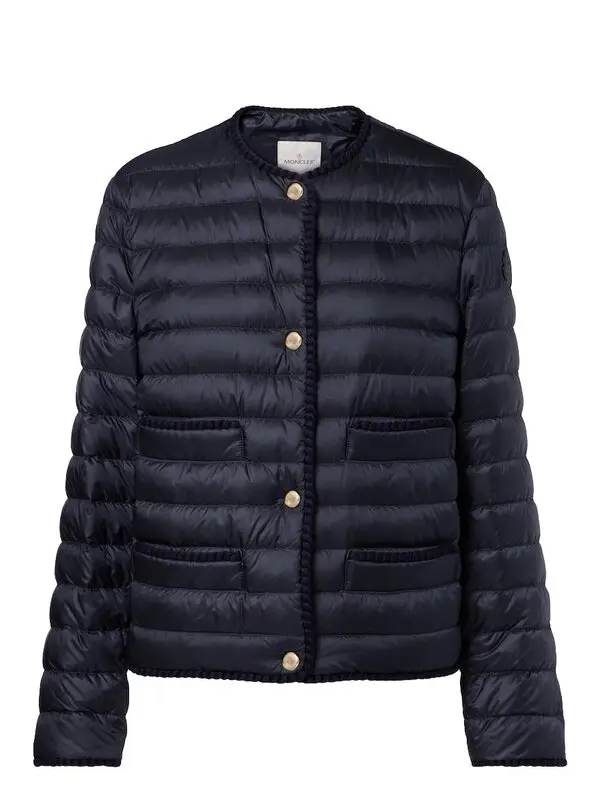 Moncler Quilted Down Jacket With Leather Trim - Blue