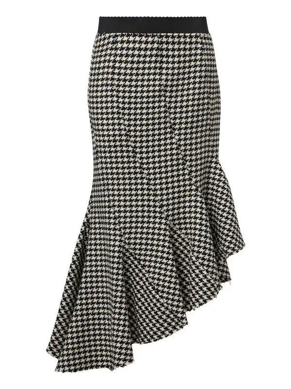 Attico Ruffled Houndstooth Virgin Wool Midi Skirt - Black