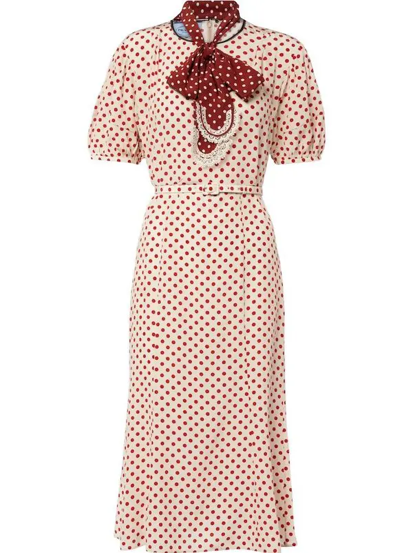 Prada Polka-dot Silk Midi Dress With Detachable Scarf - Red