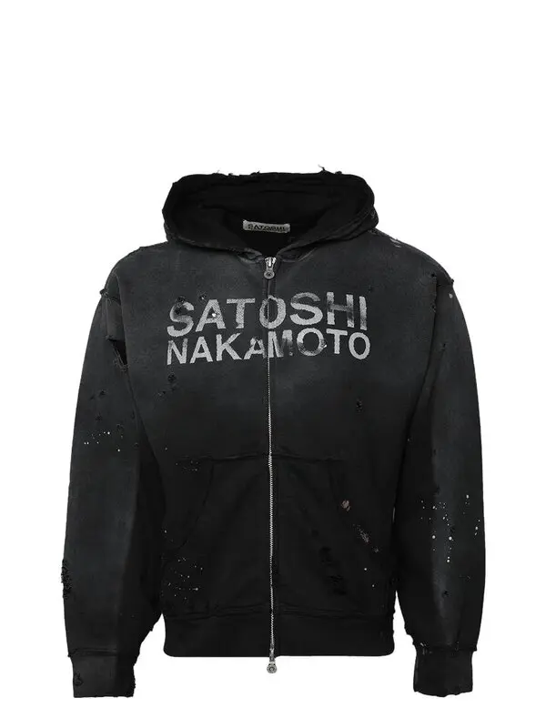 SATOSHI NAKAMOTO Washed Fleece Zip-up Hoodie - Black
