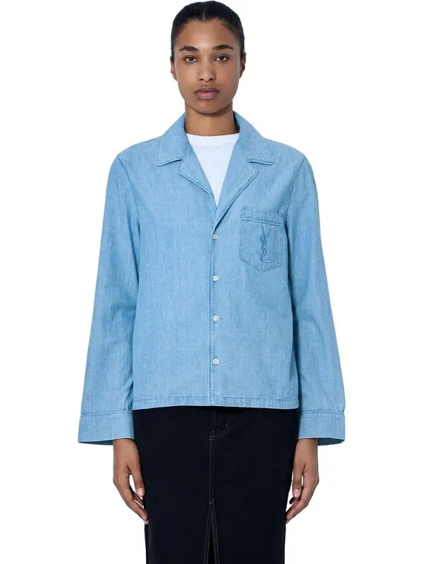 Saint Laurent Button-down Denim Shirt With Logo Embroidery - Blue