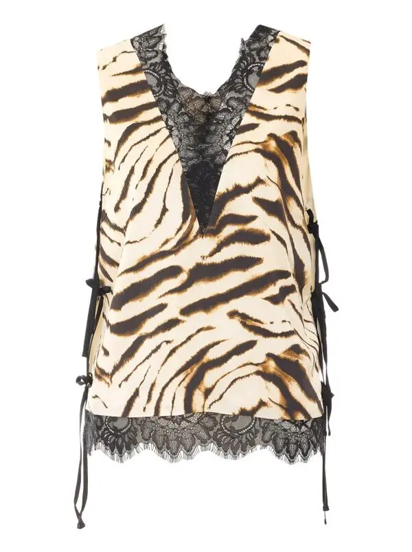GANNI Sleeveless V-neck Printed Satin Top With Lace Details - Cream