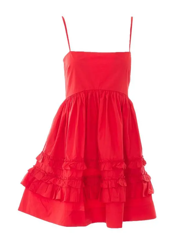 GANNI Sleeveless Organic Cotton Mini Frill Dress - Red