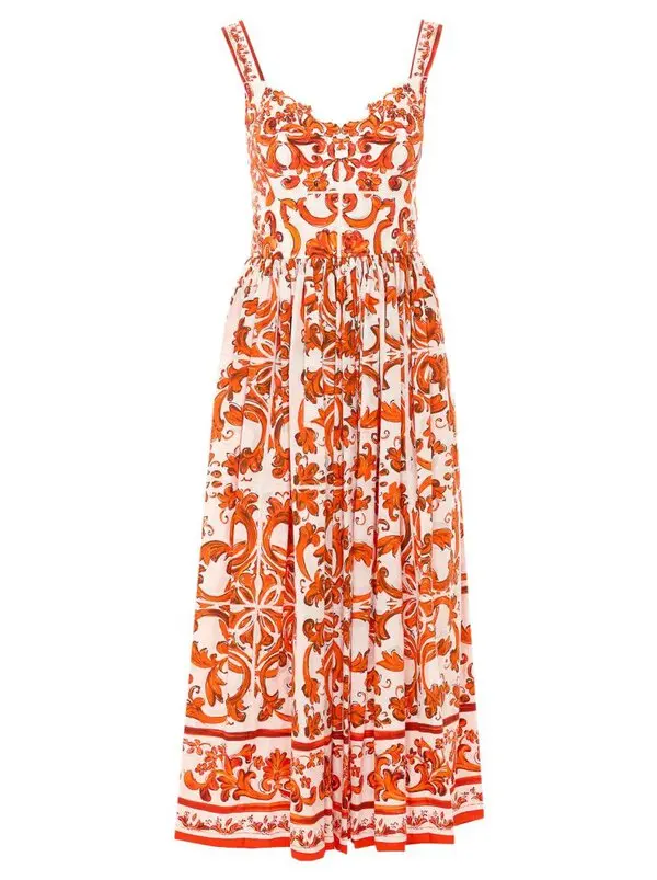 Dolce & Gabbana Maiolica Print Sleeveless Sweetheart Neckline Dress - Orange
