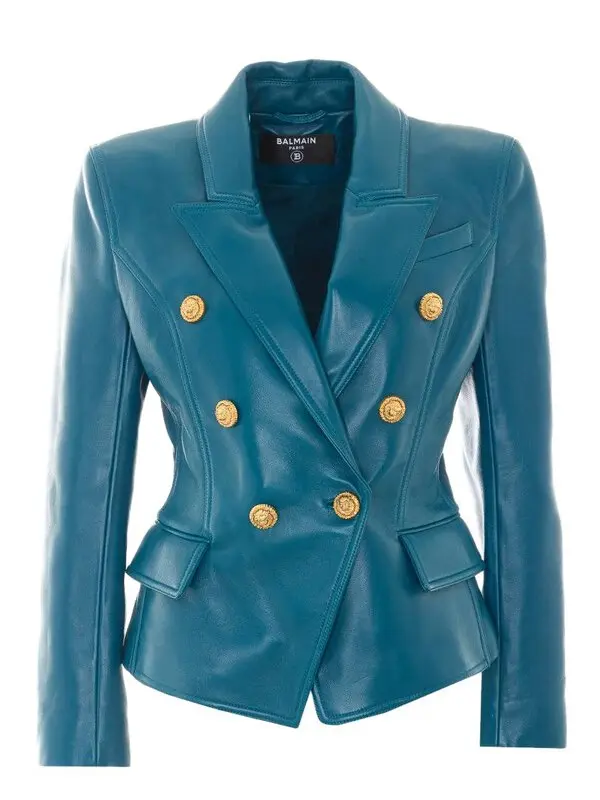 Balmain Six-button Double-breasted Leather Jacket - Blue