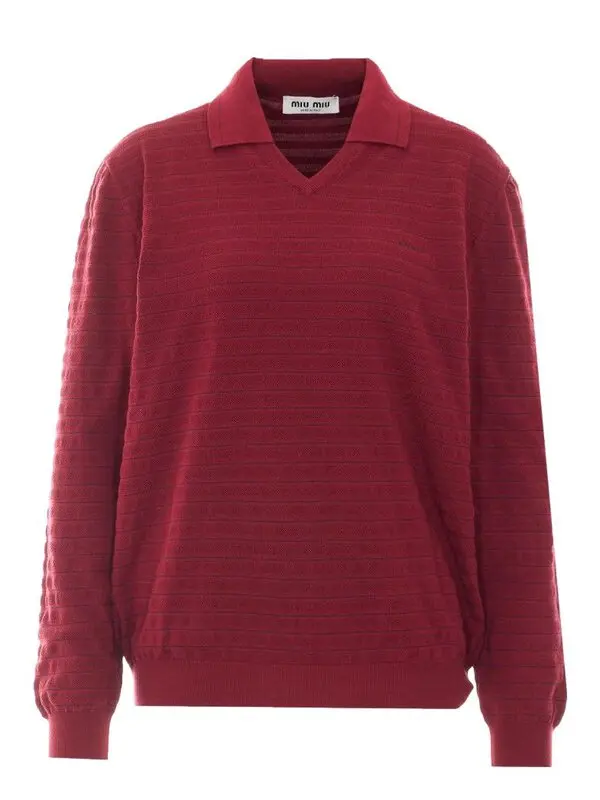 Miu Miu Cotton V-neck Long-sleeve Polo - Red