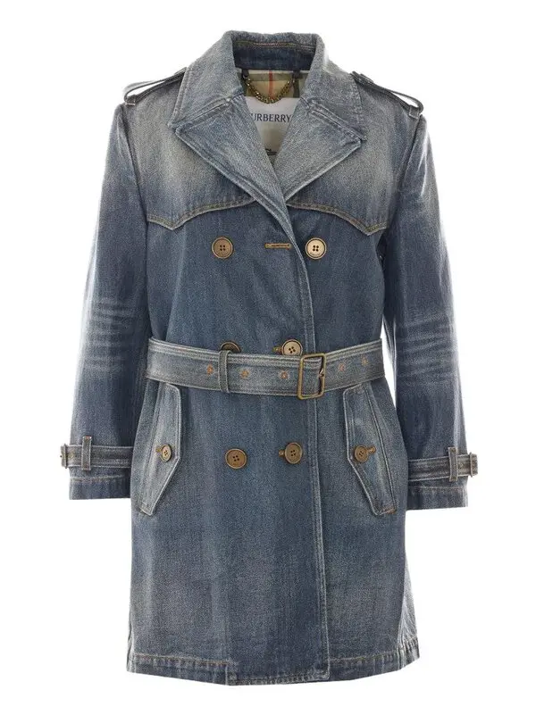 Burberry Coated Denim Short Trench With Check Lining - Blue