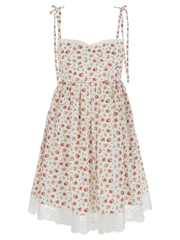 Dolce & Gabbana Cotton Dress With Floral Print And Lace Detail - Multicolor