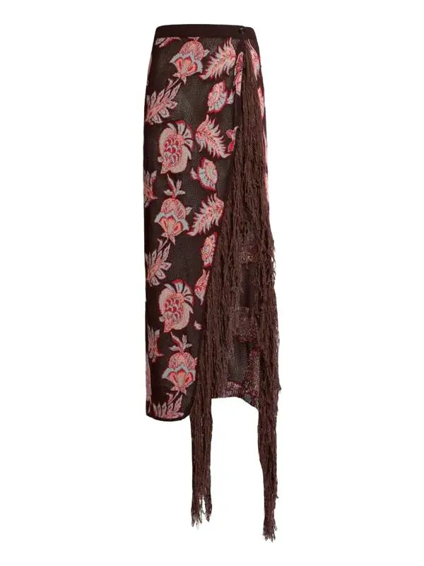 Etro Long Cotton Blend Jacquard Skirt With Fringe And Floral Pattern - Brown