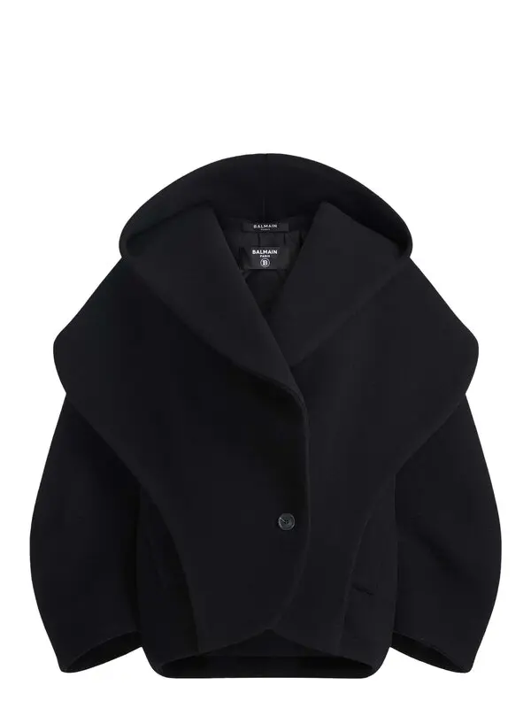 Balmain Oversized Wool Pea Coat With Hood - Black