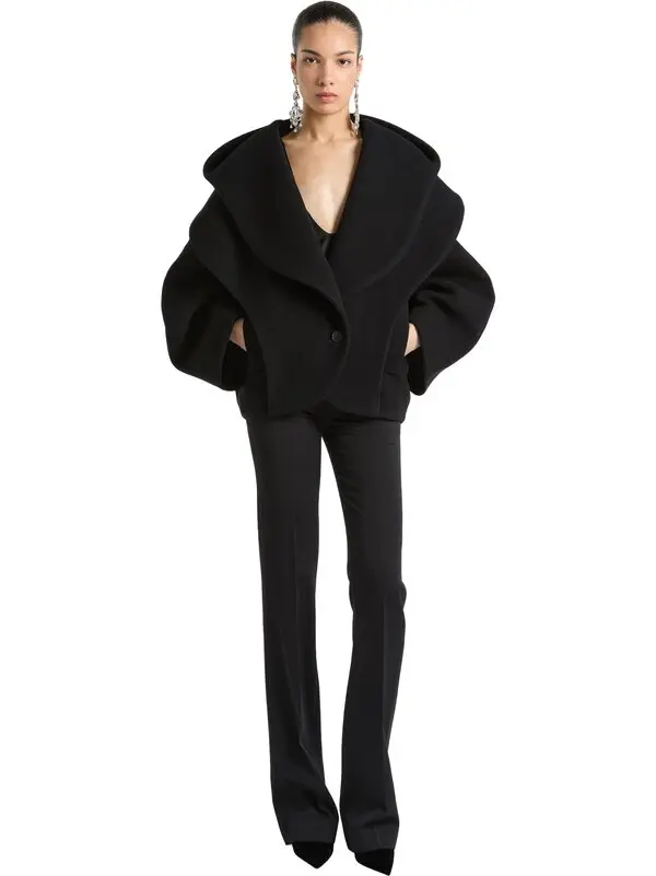 Balmain Oversized Wool Pea Coat With Hood - Black