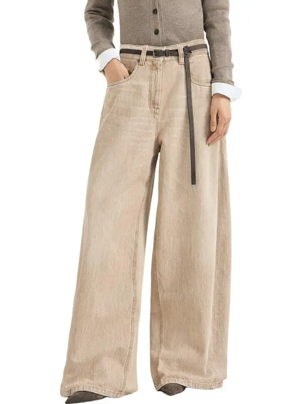Brunello Cucinelli Wide Leg Trousers With Monili Detail - Sand