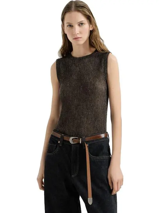 Brunello Cucinelli Sparkling Silk, Alpaca, And Wool Rib Knit Top - Anthracite