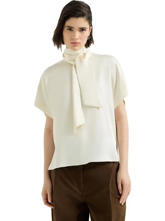 Brunello Cucinelli Silk Satin High-neck T-shirt With Monili - Fog