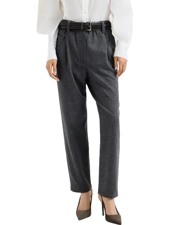 Brunello Cucinelli Wool Flannel Baggy Trousers With Monili Embellishments - Anthracite